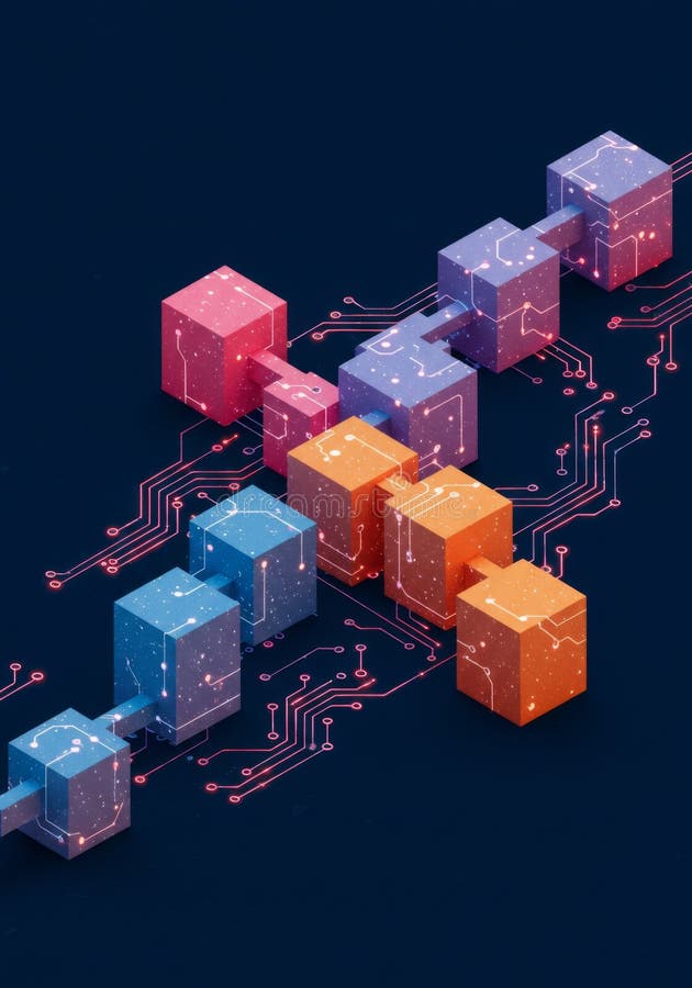 Isometric Network of Glowing Cubes and Circuits Stock Illustration - Illustration of technology ...