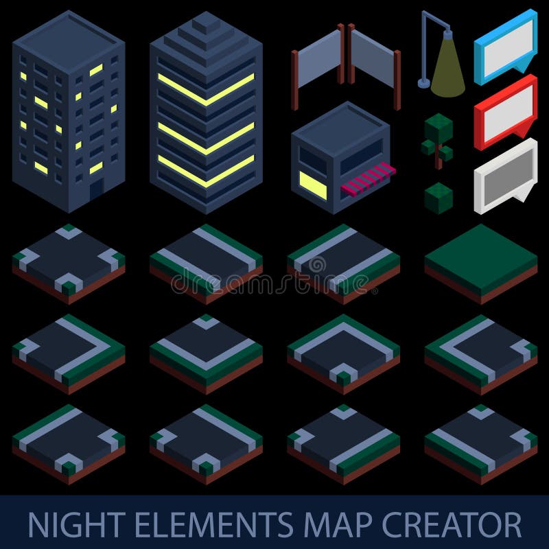 Isometric Night Elements Map Creator Stock Vector - Illustration of ...