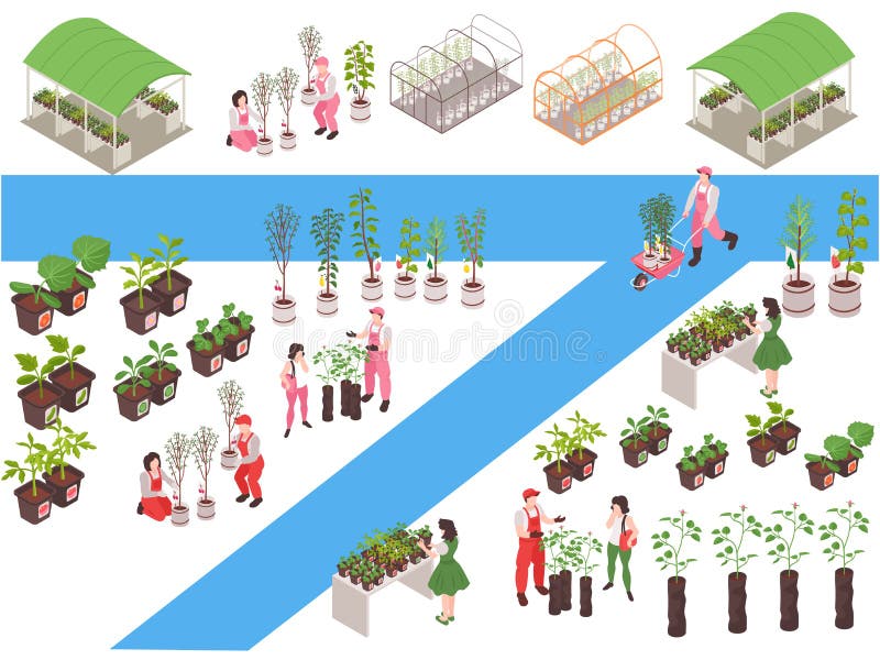 Isometric Nursery Garden Set with Plants Vector Illustration Stock ...