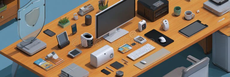 Isometric Office Desk Environment Featuring Protected Devices and ...