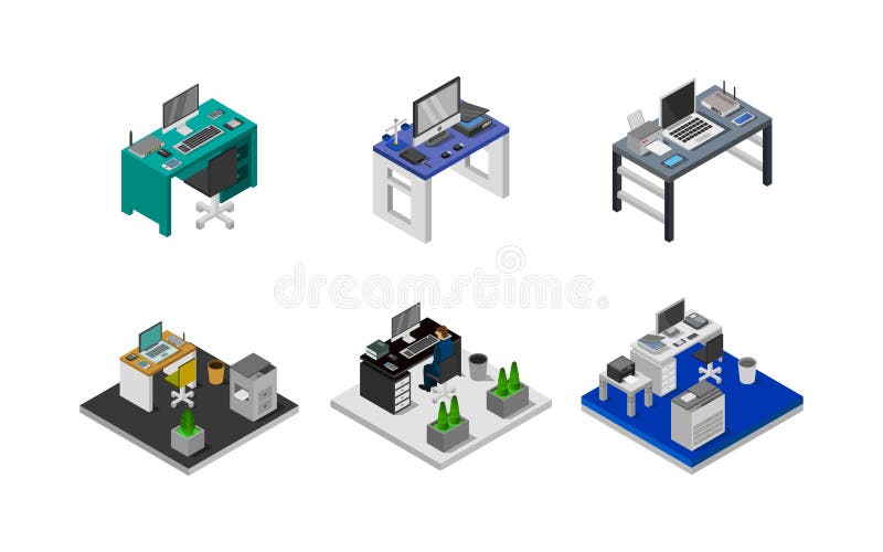 Isometric Office Desk Set Vector Illustration Stock Illustration ...