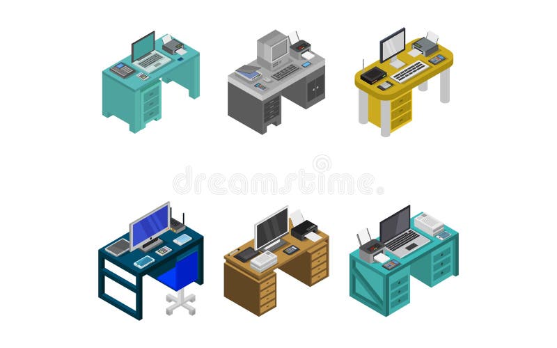 Isometric Office Desk Set Vector Illustration Stock Illustration ...