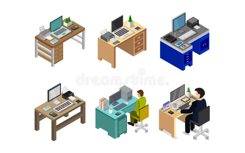 Isometric Office Desk Set Vector Illustration Stock Illustration ...
