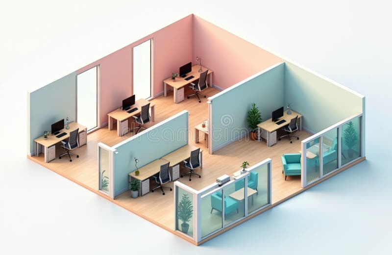 Isometric Office Interior Illustration. Modern Workplace Design with ...