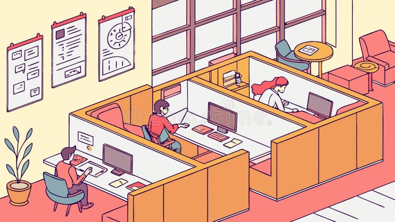 Isometric Office Interior with Workstations and Employees, Vector ...