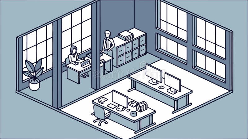 Isometric Office Layout Outline, Workspace Design Concept, Vector ...