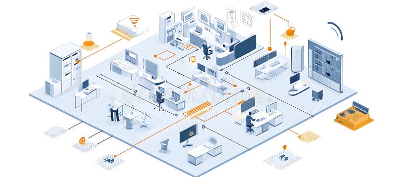 Isometric Office Network Diagram Showing Connections between Devices ...