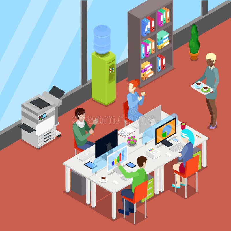 Isometric Office Open Space with Workers and Computers Stock Vector ...