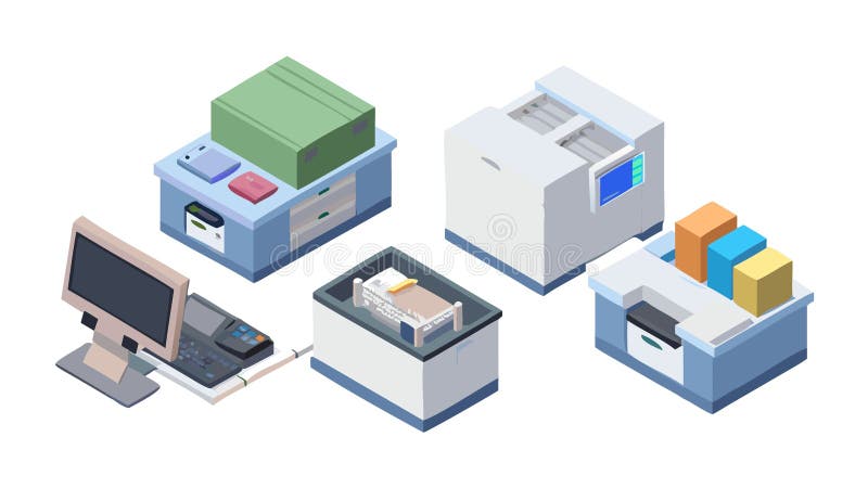 Isometric Office Printing Station, Document Workflow Hub, Vector Design ...