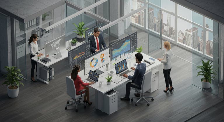 Isometric Office Scene with Diverse Business People Analyzing Data ...