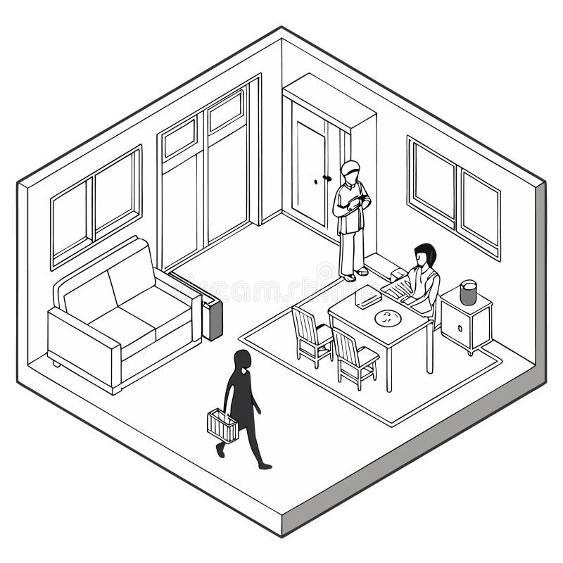Isometric Office Scene with People Black and White on Transparent ...