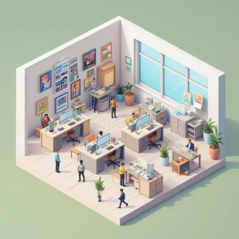 Isometric Office Scene with Tiny Employees and Colorful Desks in a ...
