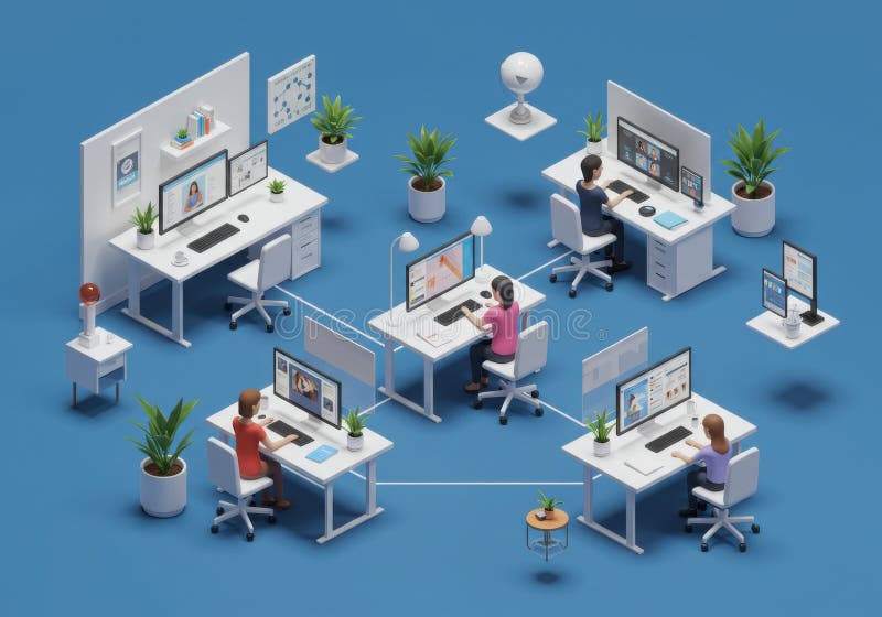 Isometric Office Setup with Connected Workstations Stock Illustration ...