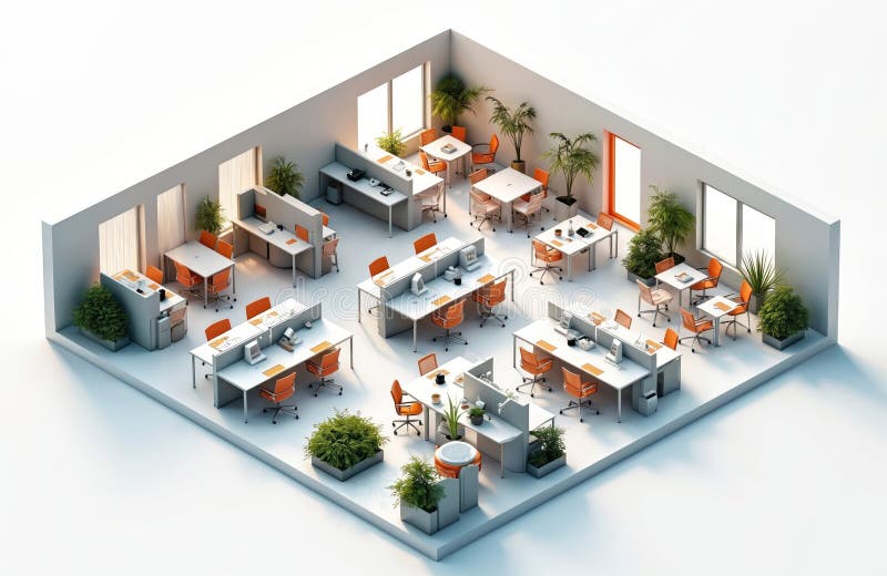 Isometric Office Space Rendering. Modern Workspace Desks Computers Chairs Plants. Business ...