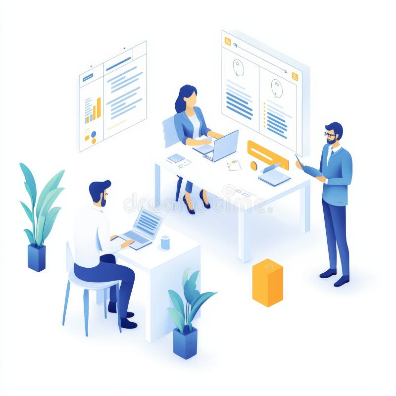 Isometric Office Team Collaboration with Laptops and Presentation Stock ...