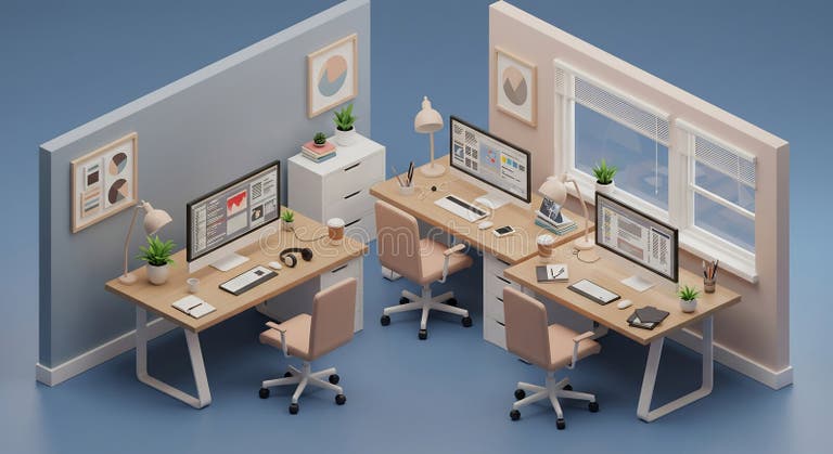 Isometric Office Workspace Desks with Computer Setup and Interior ...
