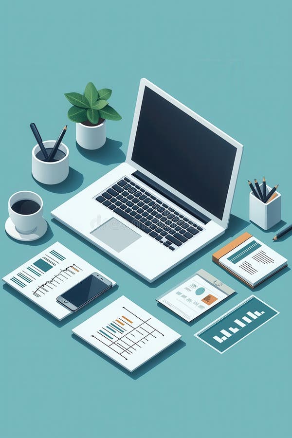 Isometric Office Workspace Showing Laptop, Documents, Charts, and ...