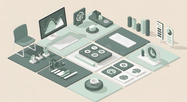 Isometric Office Workspace Visualization with Monitor, Keyboard, Chair ...