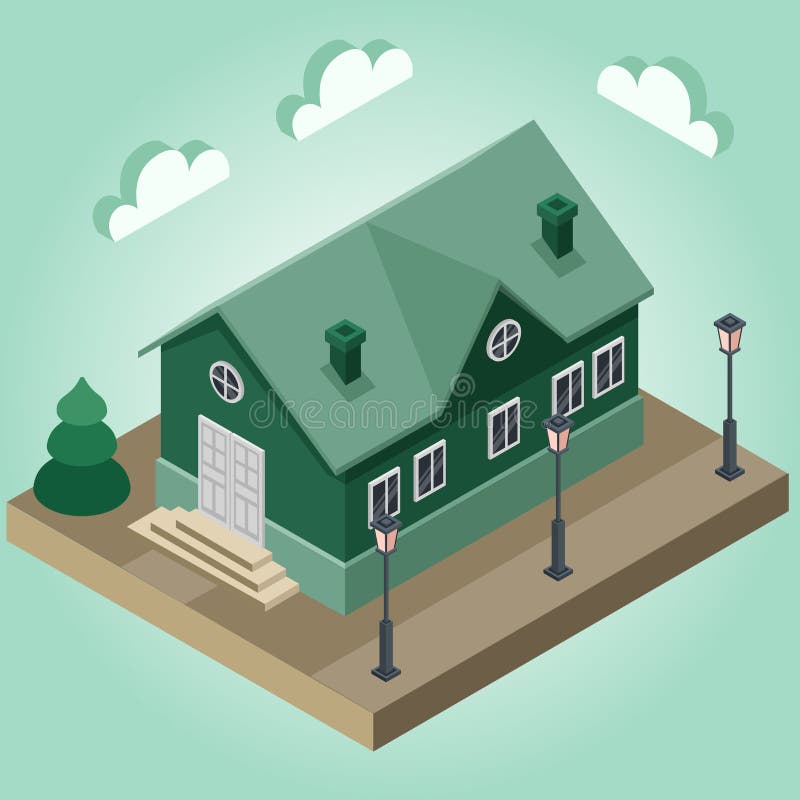Isometric Old Fashioned House Green Stock Vector - Illustration of flat ...