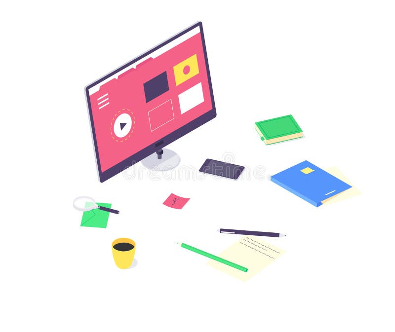 Isometric Online Education Study and Teaching Concept, Computer Learn ...