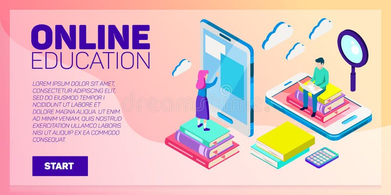 Isometric Online Education Vector Banner. E-learning. Imagination Ad ...