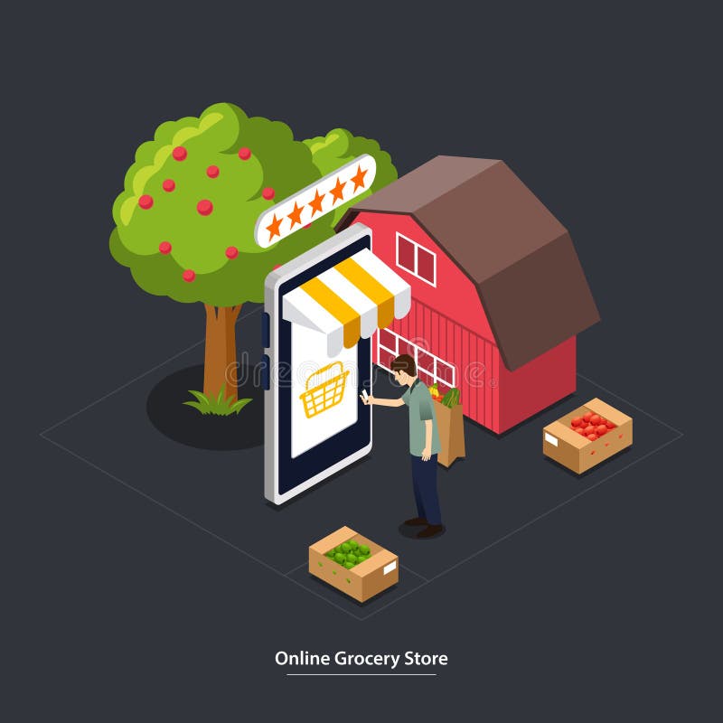 Isometric Online Grocery Store Concept Vector Illustration Stock Vector - Illustration of ...