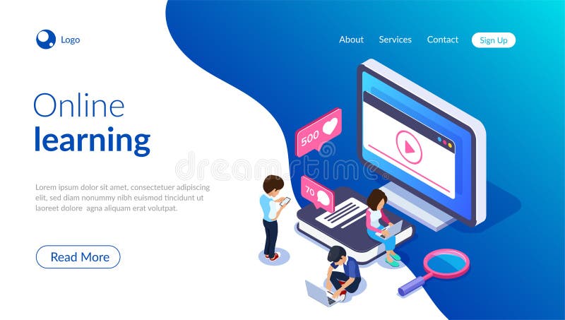 Isometric Online Learning Concept. Video Tutorials on the Screen of a ...