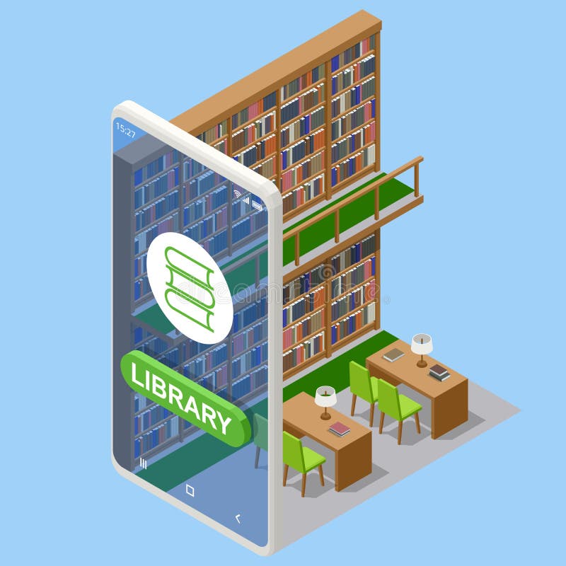 Isometric Online Library App for Reading, Bookstores Concept. E ...