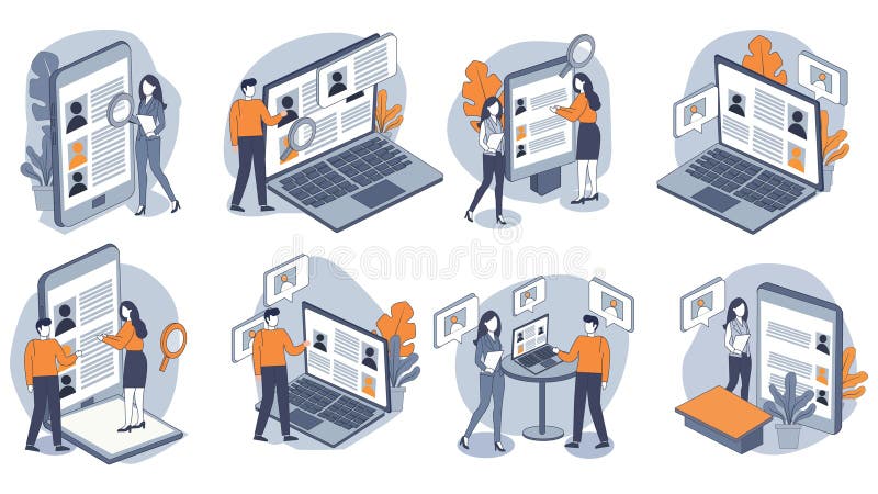 Isometric Online Profile Search Vector Illustration Set Stock Vector - Illustration of network ...