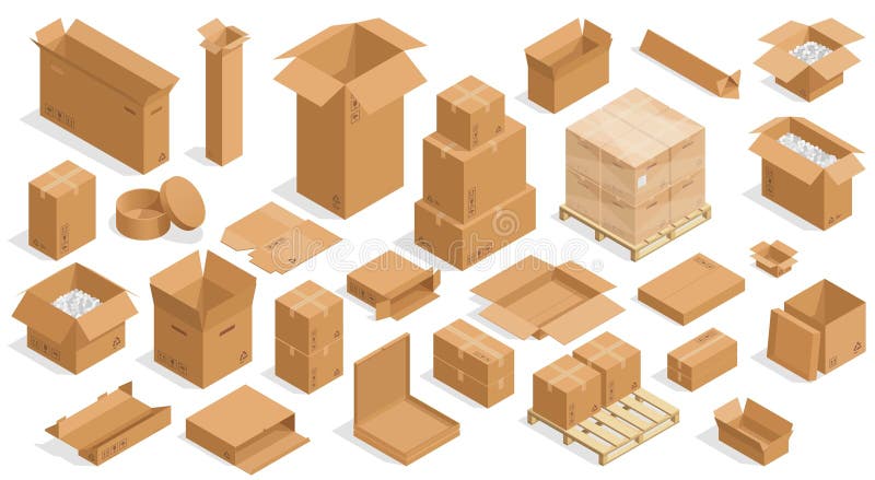 Isometric Open Boxes. Closed and Open Cardboard Carton Crates, Square ...