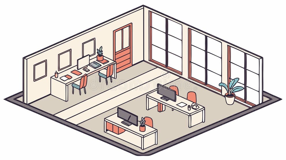 Isometric Open-plan Office Interior with Multiple Workstations, Vector ...