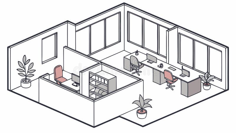 Isometric Open Plan Office Layout with Desks Line Art Vector, Vector ...