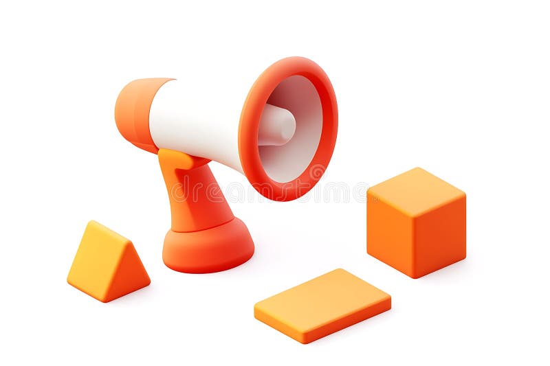 Isometric Orange Megaphone with Cube, Pyramid and Rectangle Shapes on ...