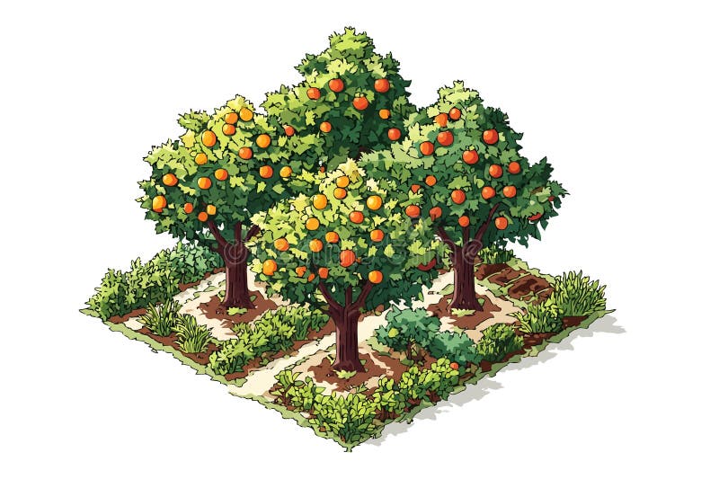 Isometric Orchard with Apple or Orange Trees Isometric Isolated Stock ...