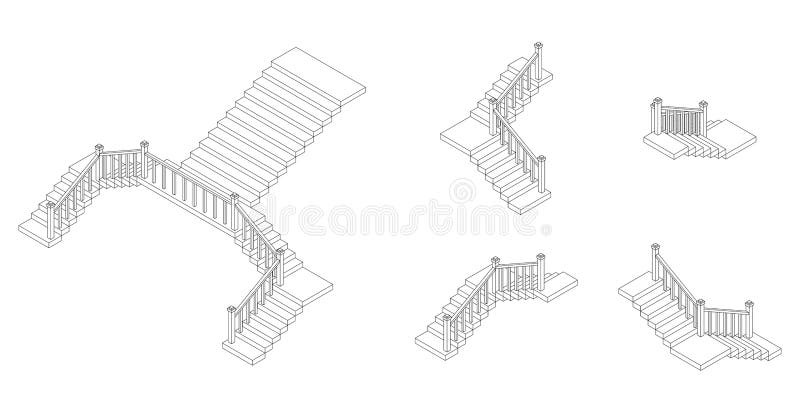Isometric Outline Stairs Plan with a Rail. Vector Illustration. Stock ...