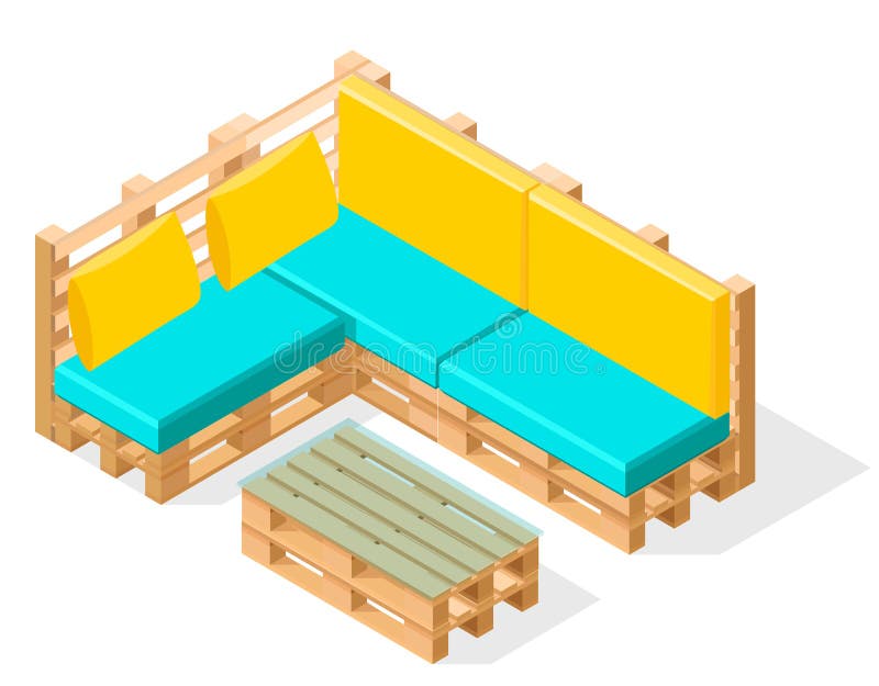 Isometric Pallet Furneture. Comfy Pallet for Sitting with a Table ...