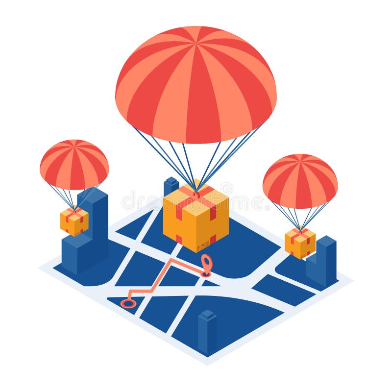 Isometric Parcel with Parachute Drop on City Map Stock Vector ...