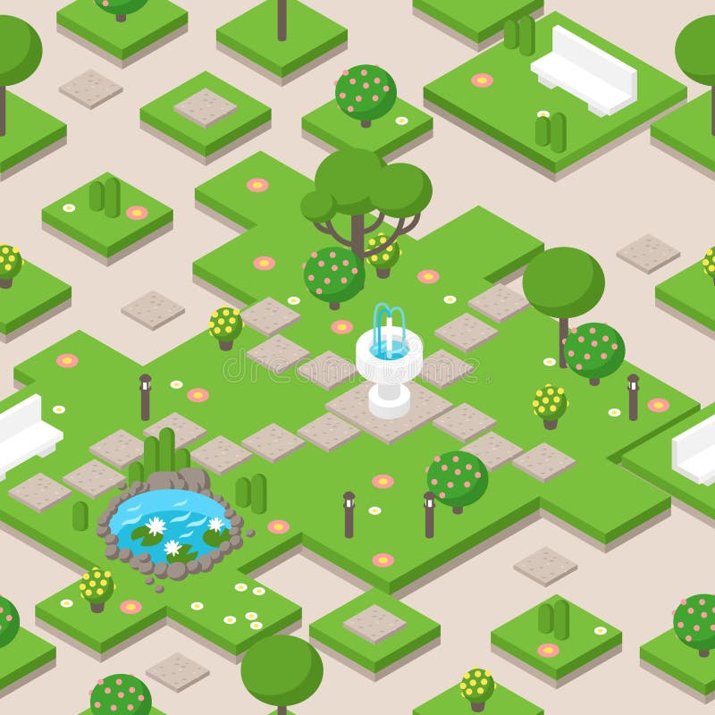 Isometric Garden Set, Vector Illustration. Green Trees, Bushes and ...