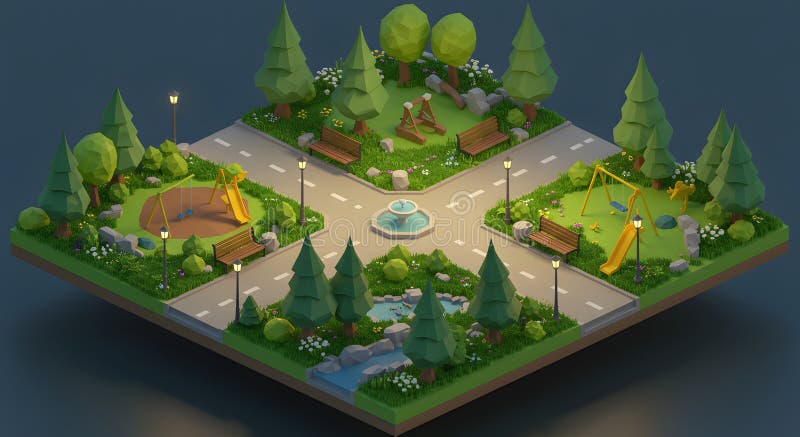Isometric Park Illustration with Playgrounds and Greenery in a Peaceful ...