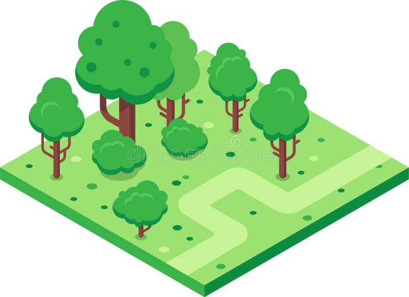 Isometric Parkland Featuring a Winding Path, Trees, and Bushes ...