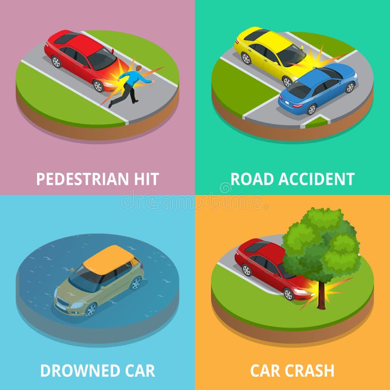 Isometric Pedestrian Hit, Road Accident, Drowned Car and Car Crash ...
