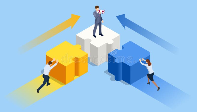 Isometric People Connecting Puzzle Elements. Business Teamwork ...