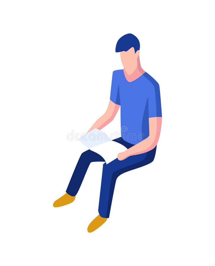 Isometric People Icon. 3d Men Sit and Hold and Read Book. Modern Young ...