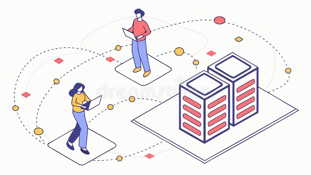 Isometric People Interacting with Server Racks, Cloud Computing, Vector ...