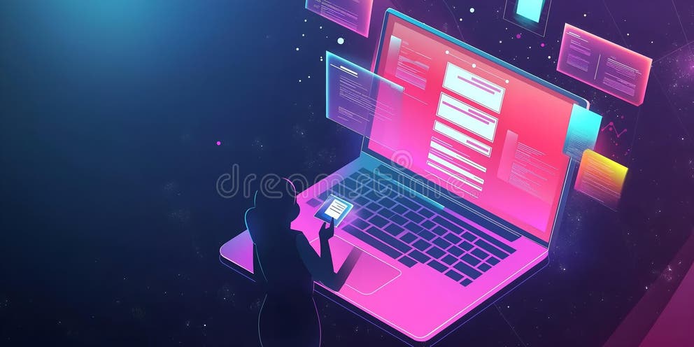 Isometric Person Working Laptop Interface Design Software Development ...