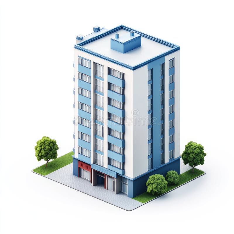 Modern Blue and White Apartment Building Isometric View Stock ...