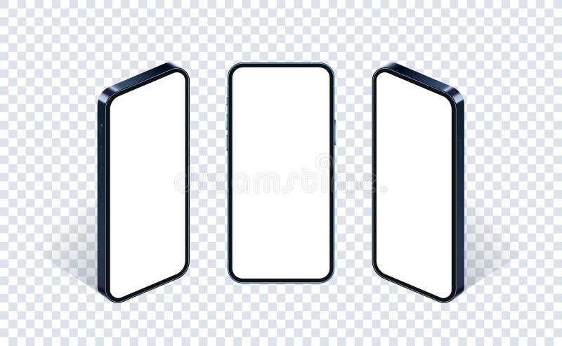 Isometric Phone Mockup, Set of Glass Blue Smartphone Isolate in ...