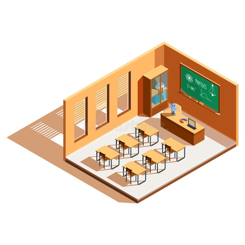 Isometric Physics Classroom at School with Equipment and Furniture ...