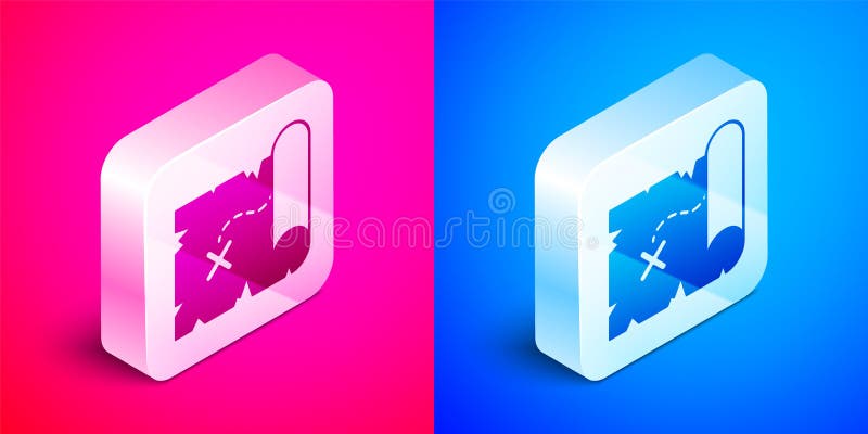 Isometric Pirate Treasure Map Icon Isolated on Pink and Blue Background ...