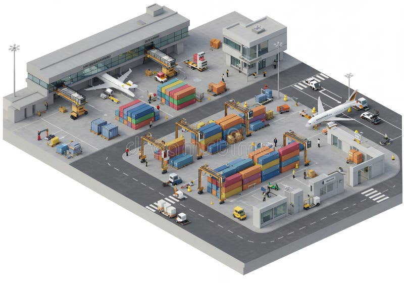 Isometric Pixel Art Air Cargo Terminal Depicting Logistics and ...